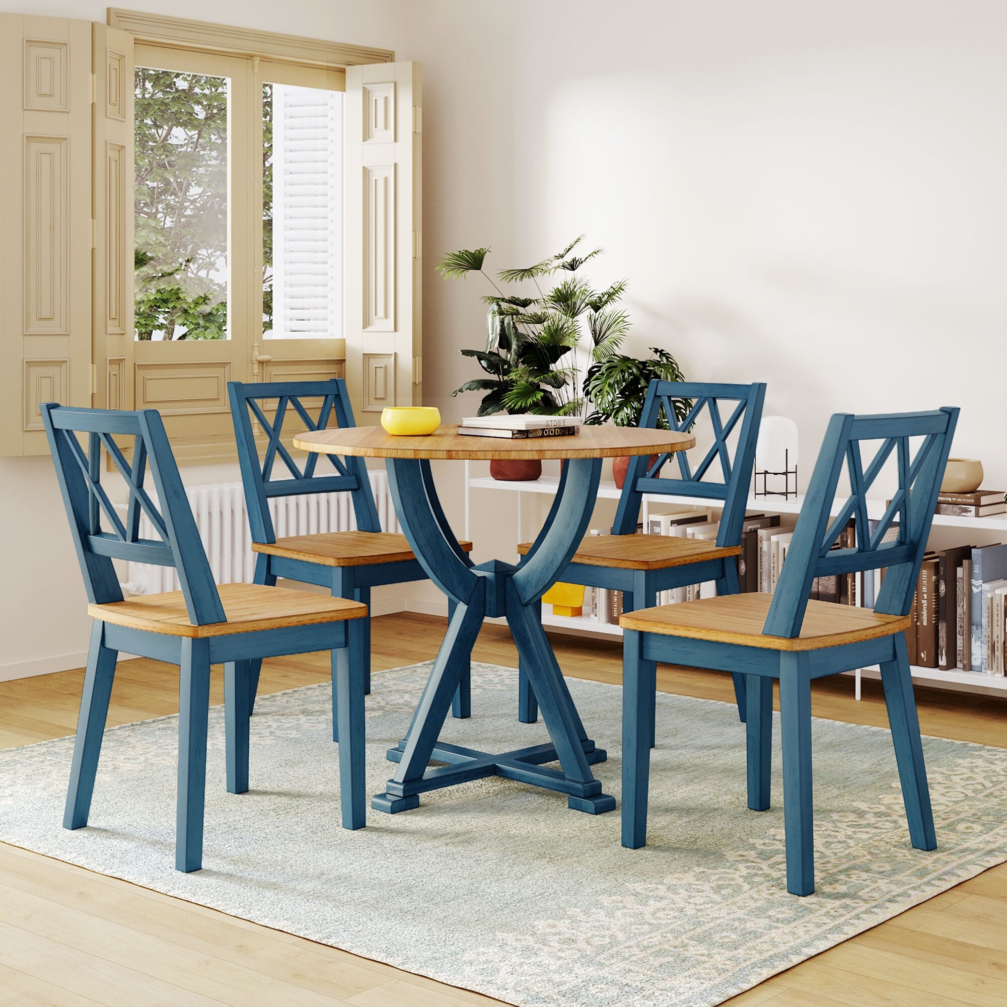 Mid Century 5 Piece Round Dining Table Set Antique Oak Blue